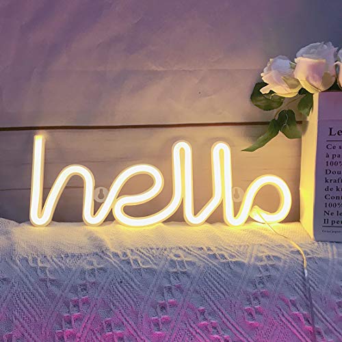 QiaoFei Neon Light,LED Hello Neon Word Sign Neon Letters Light Art Decorative Lights,Marquee Signs/Wall Decor for Christmas,Birthday Party,Kids Room,Living Room,Wedding Party Supplies(Warm White)