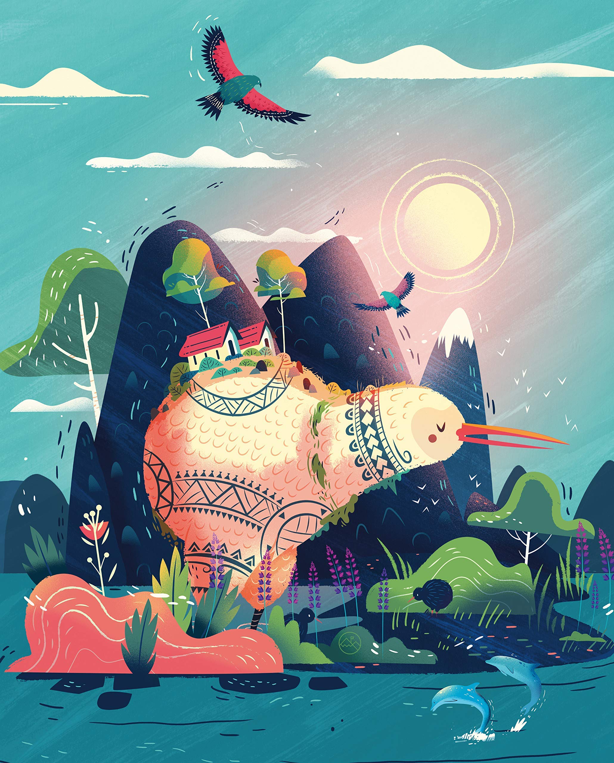 8x10 Kiwi Nursery Art Print New Zealand Art Whimsical Print Fantasy Folk Nature Design Colorful Travel Tropical Art Mountain Hiking Bird Illustration Kids Bedroom Decor Studio Ghibli Art Cute Wall Art
