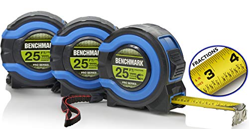Benchmark - 3 Pack - 25 ft Tape Measures - Easy to Read Fractions to 1/8th inch - Magnetic Claw Tip - Thumb and Quick Lock - Autowind - Belt Clip
