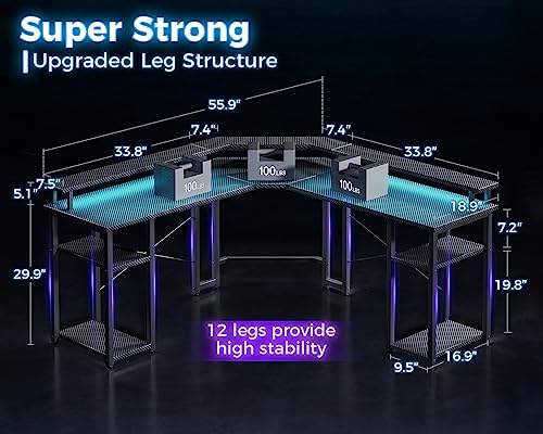 Coleshome L Shaped Gaming Desk with LED Lights & Power Outlets, Reversible 56" Computer Desk with Full Monitor Stand & Storage Shelves, Ergonomic Home Office Corner Desk, Black Carbon Fiber