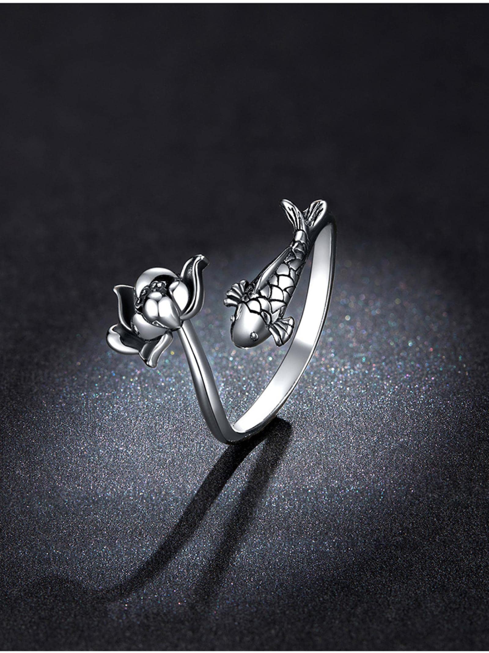 925 Sterling Silver, Natural Koi Lotus Open Ring, Women'S Adjustable Jewelry