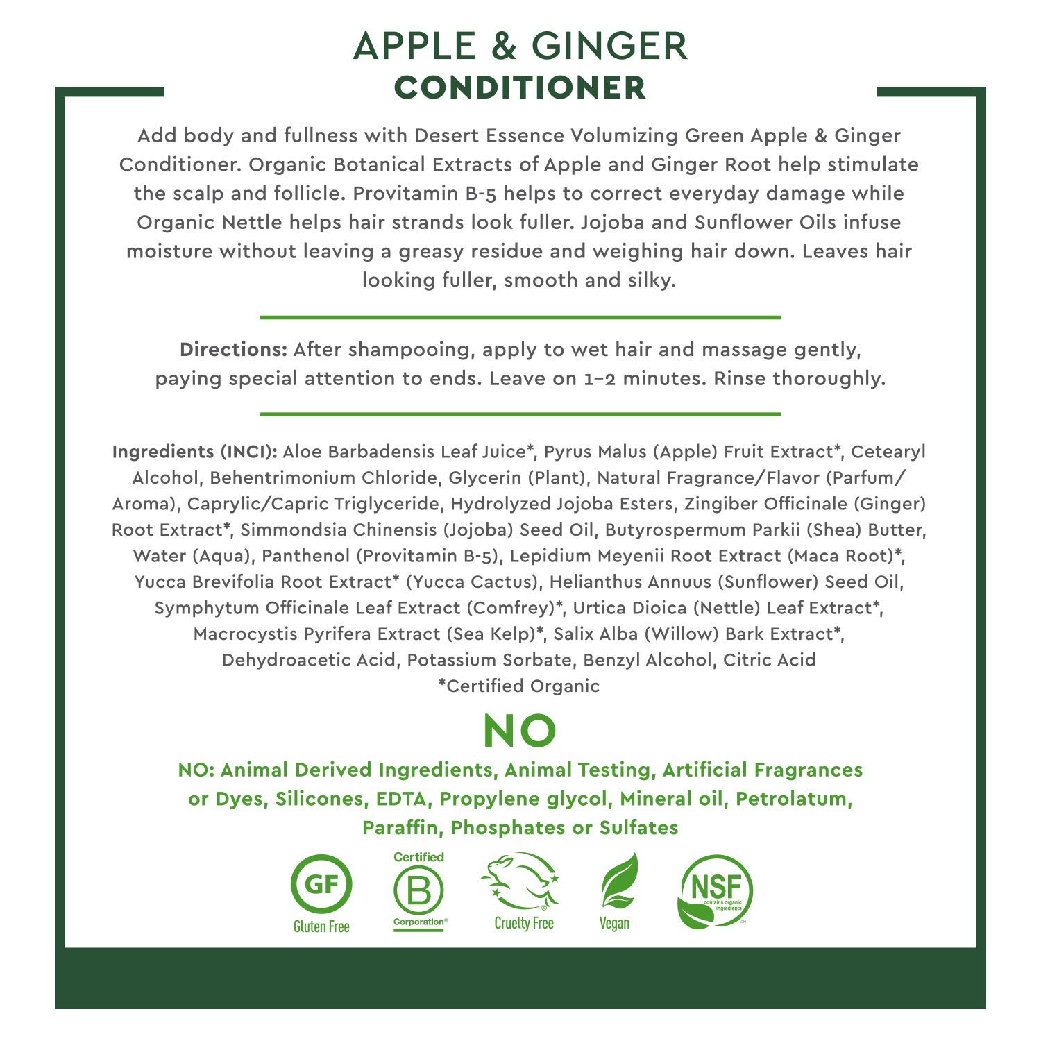 Desert Essence Green Apple & Ginger Shampoo & Conditioner Bundle - 8 Fl Ounce - Volume For Fine Hair - Natural - Deep Moisturizing - Antioxidants - Maca Root - Softer & Shinier - Smooth & Silky
