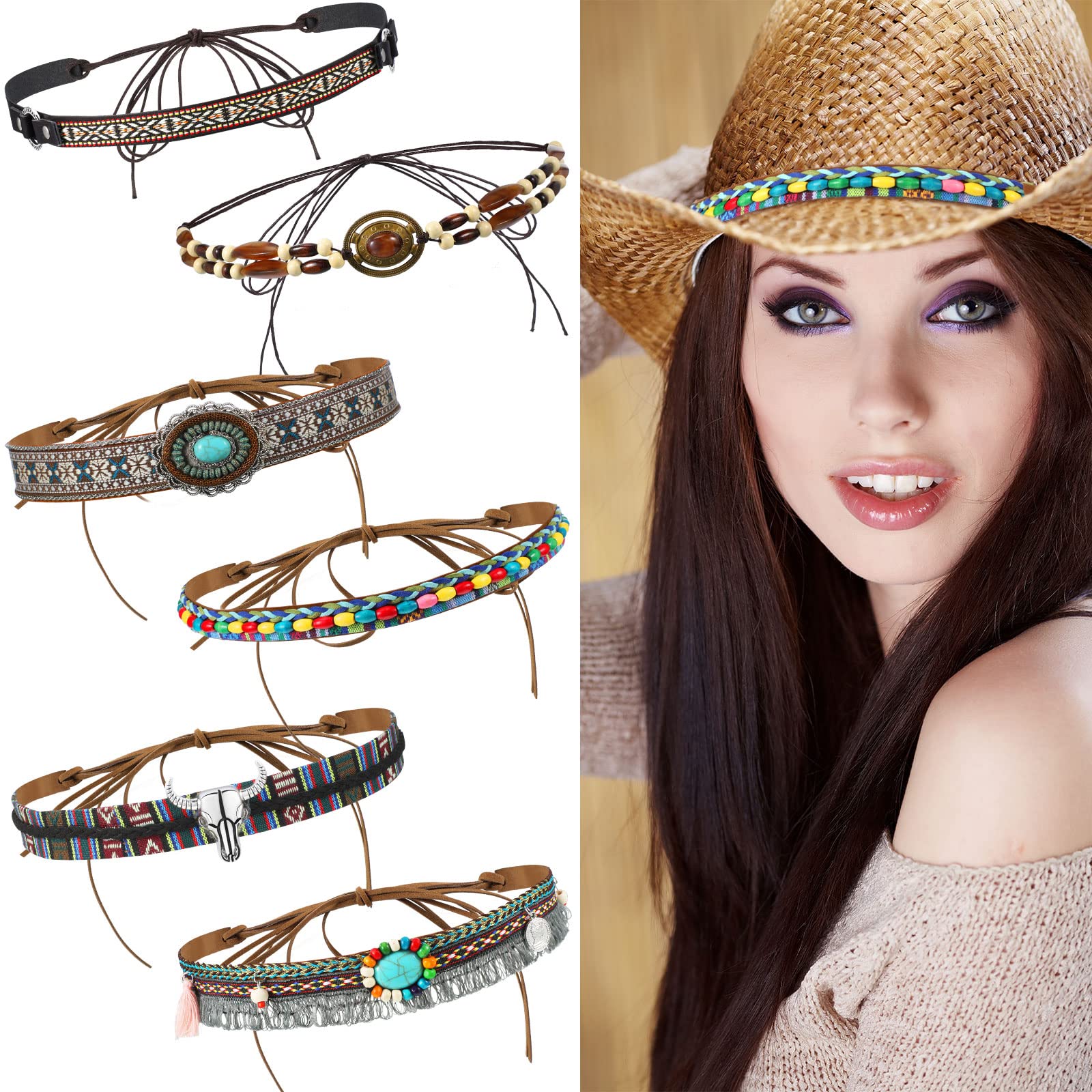 6 Pcs Cowboy Hat Bands for Women Western Turquoise Handmade Adjustable Beaded HatBands for Men Cowboy Panama Hat Mexican (Rustic Style)