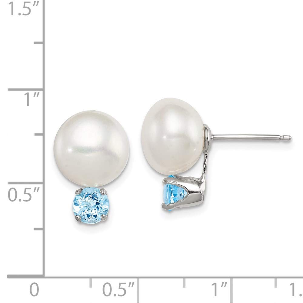 925 Sterling Silver 10-11mm Freshwater Cultured Button Pearl with Blue Topaz Earring