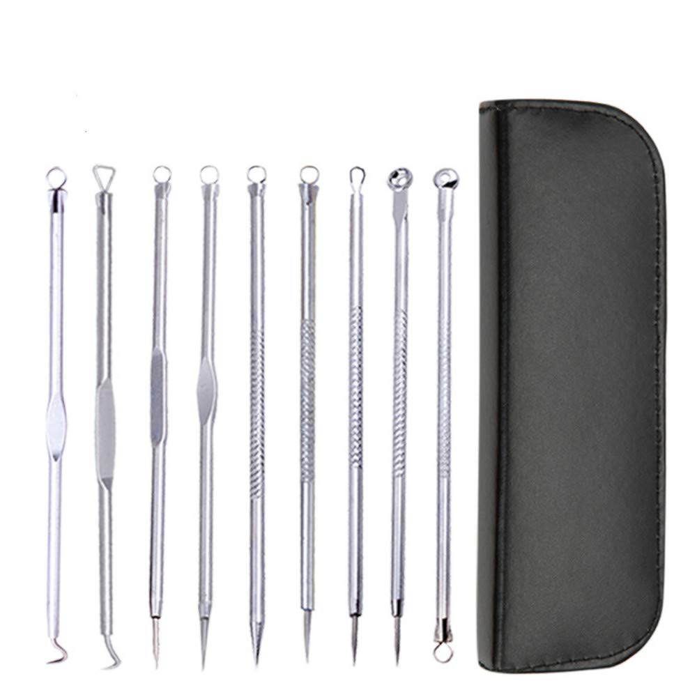 9 In 1 Pimple Blackhead Remover Extractor Tool Kit, Professional Safe Treatment for Zit Popper White Head Acne Blemish Comedone Removing for Nose Face Skin- Black