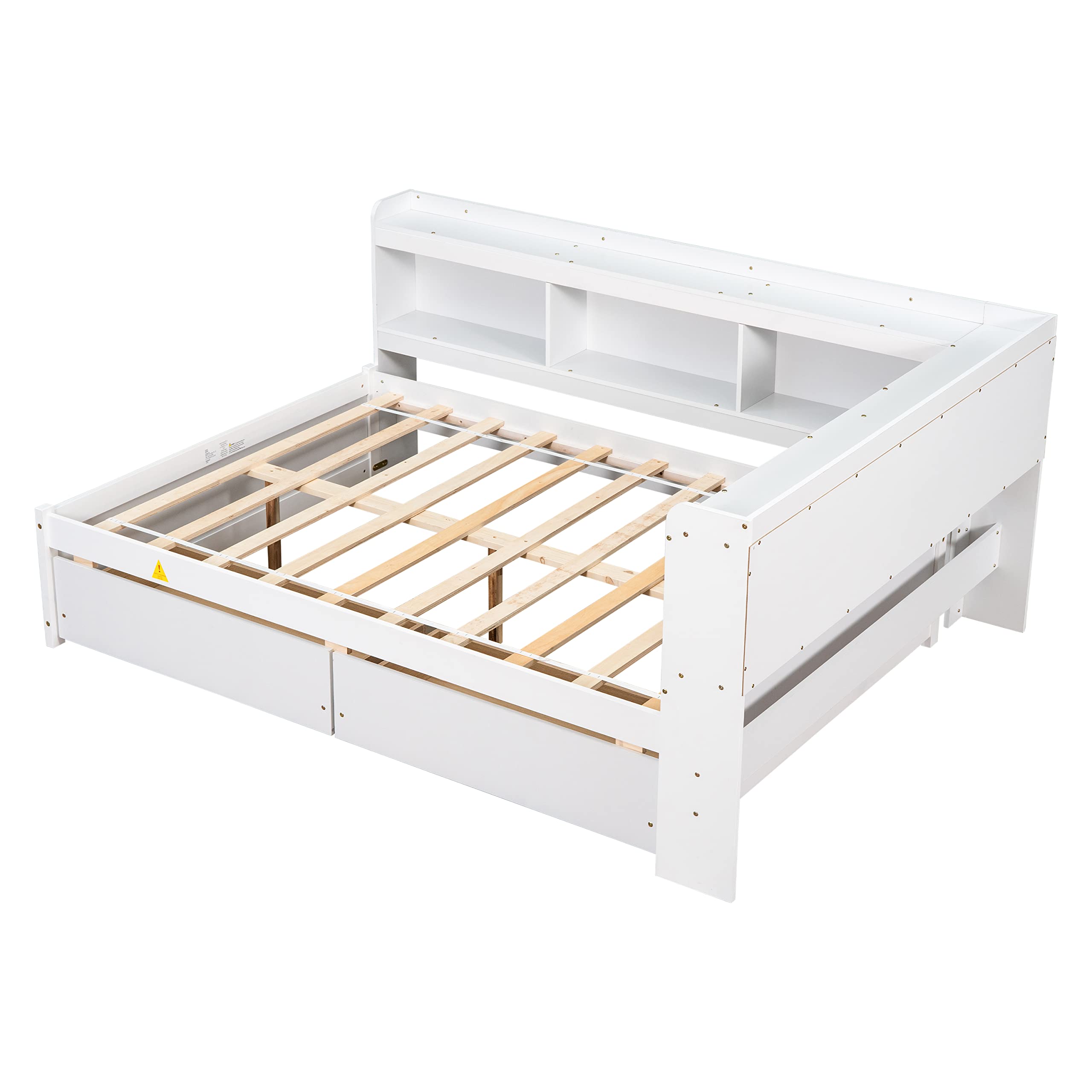 Aiuyesuo Full Size Platform Bed with L-Shaped Storage Shelfs and Bookcases, Pine Wood Day Bed with 2 Storage Drawers for Office/Living Room/Bedroom, Maximize Space (White)