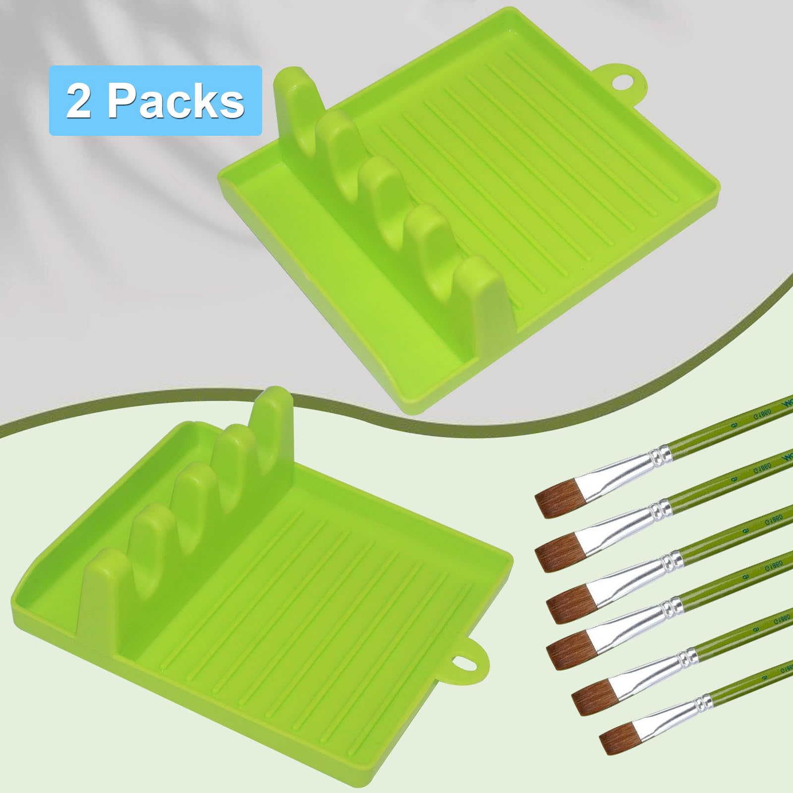 Chistepper 2 Packs Paint Brush Holder Paint Brush Stand Rest with 5 Slots Watercolor Oil Acrylic Painting (Green)