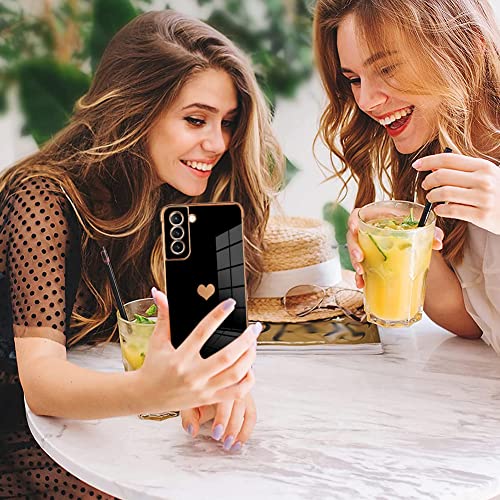 Bonoma Compatible with Samsung Galaxy S21 Case Love Heart Plating Electroplate Luxury Elegant Case Camera Protector Soft TPU Shockproof Protective Corner Back Cover Galaxy S21 Case -Black
