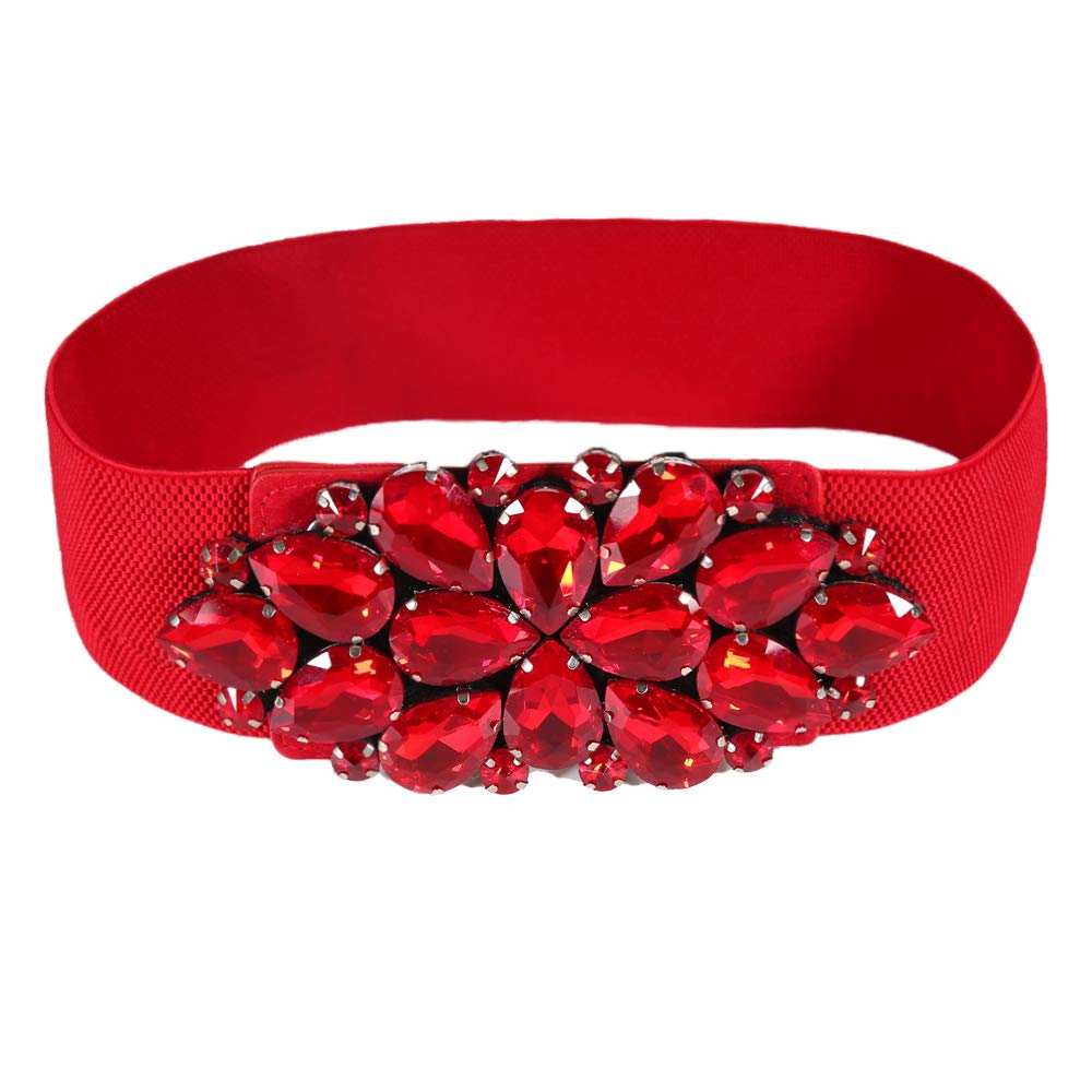 Dorchid Women Rhinestone Belt Crystal Elastic Waist Floral Cummerbund for Dress (Red, XL-XXL(35~41"))