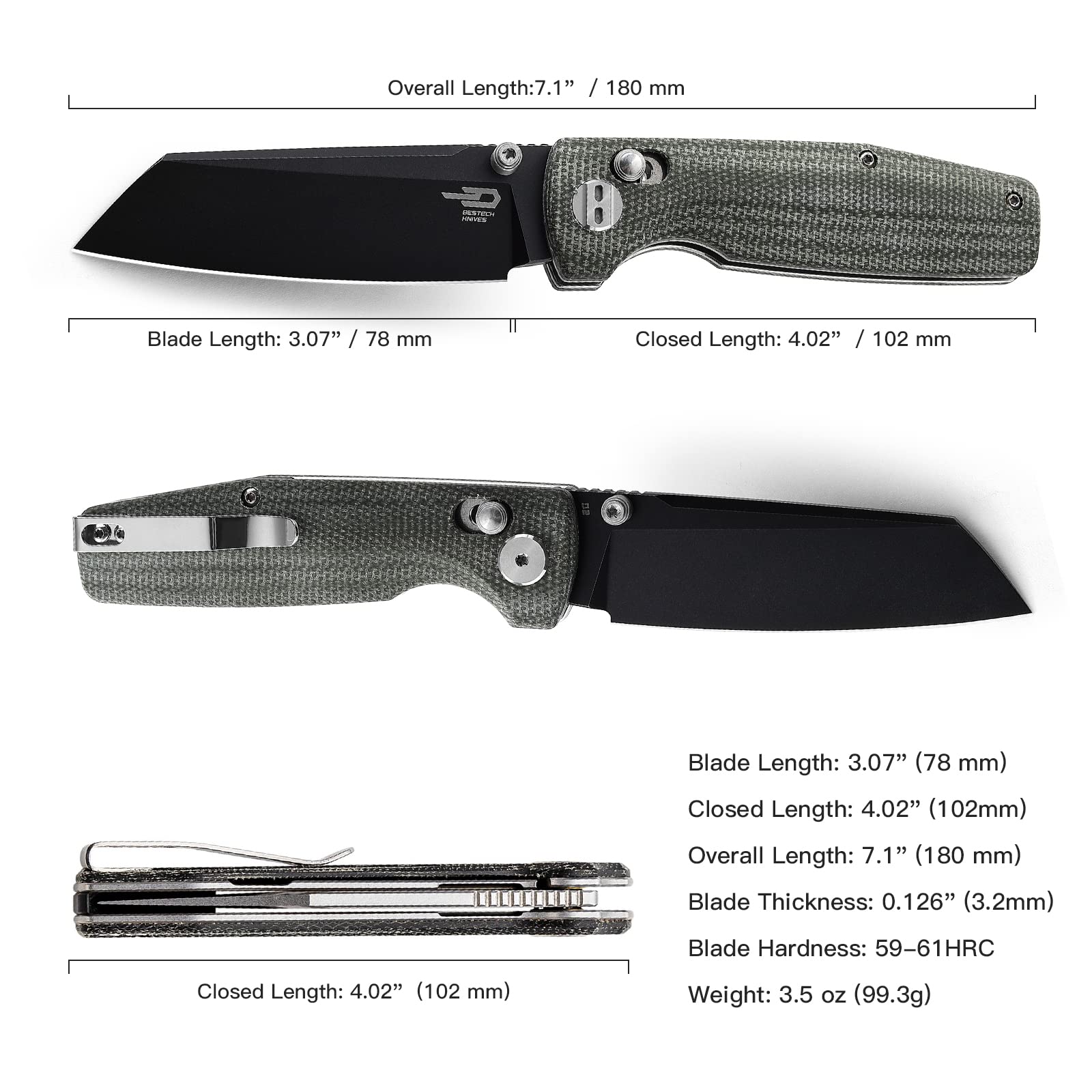 BESTECH KNIVES Pocket Folder Folding Knife: 3.07" D2 Steel Black Cleaver Blade, Micarta Scales, Thumbstud, B-Lock, EDC Steel Clip, BG43B-2 (Green Micarta)