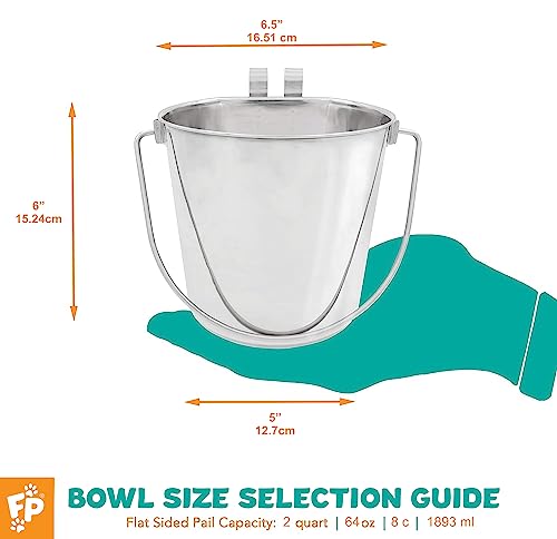 Fuzzy Puppy Flat Sided Pail with Dual Hooks, Snugly Fit On Dog, Cat and Critter Crates & Cages, Heavy Duty Stainless Steel, 2 Quart (FSP-2)