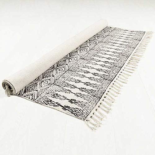 Eyes of India - 4 X 6 ft Off-White Black Cotton Block Print Area Dhurrie Rug Flat Weave Hand Woven Tassel Boho Chic Indian Bohemian Accent Handmade Handwoven