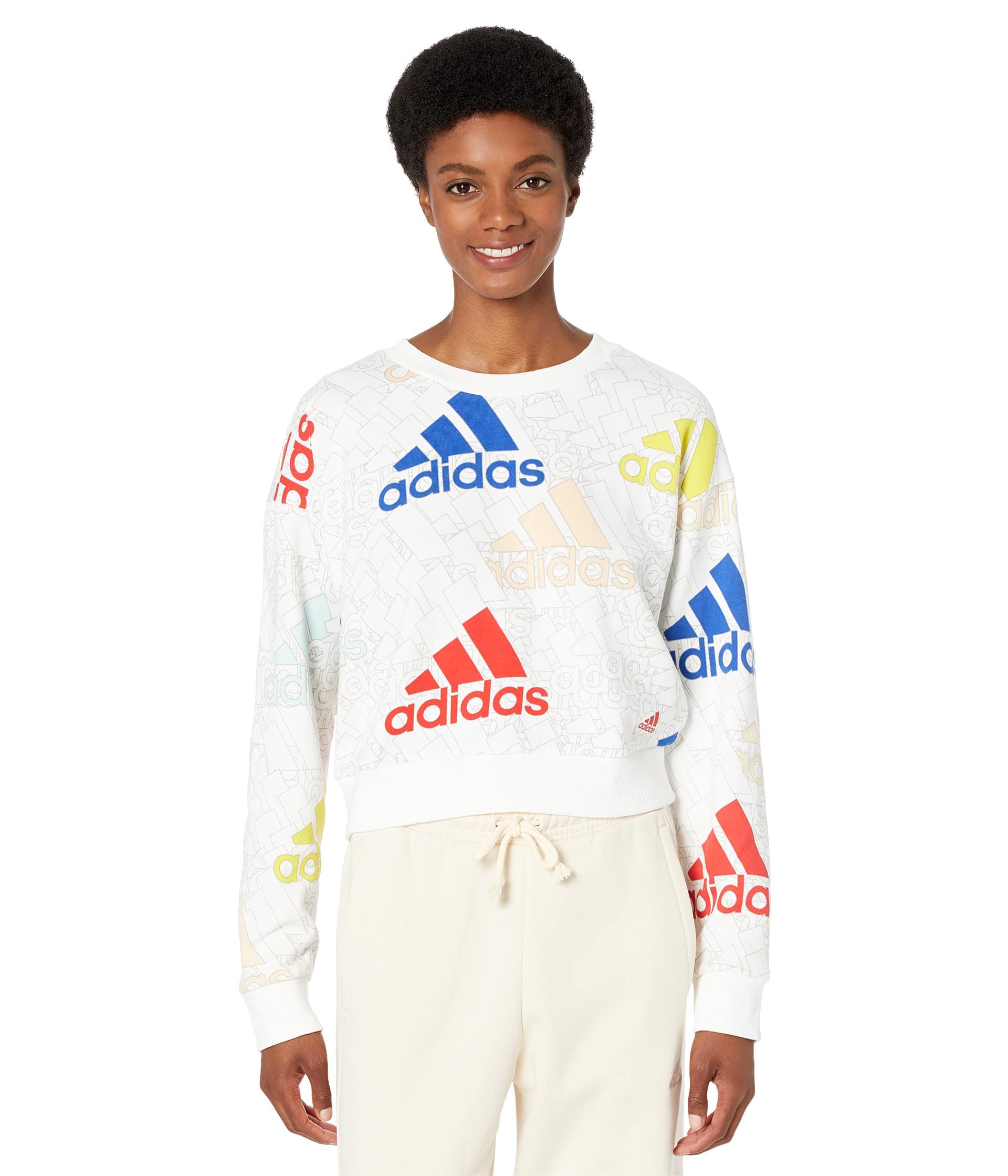 adidas Women's Essentials Multi-Colored Logo Cropped Sweat, White/Multicolor/Vivid Red, X-Large