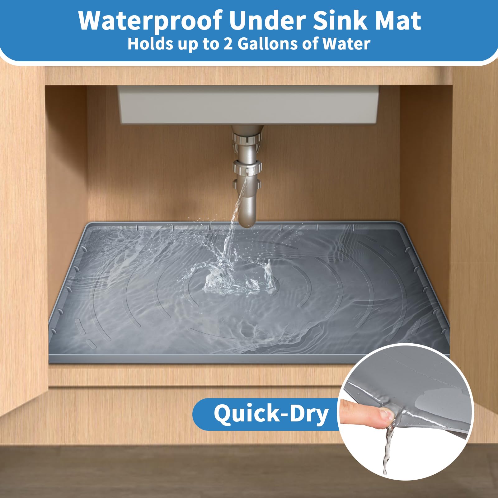 Under Sink Mat, 34" x 22" Under Sink Mats for Kitchen Waterproof, Under Sink Shelf Liner, Flexible Silicone Cabinet Protector Tray for Bottom of Kitchen & Bathroom Grey