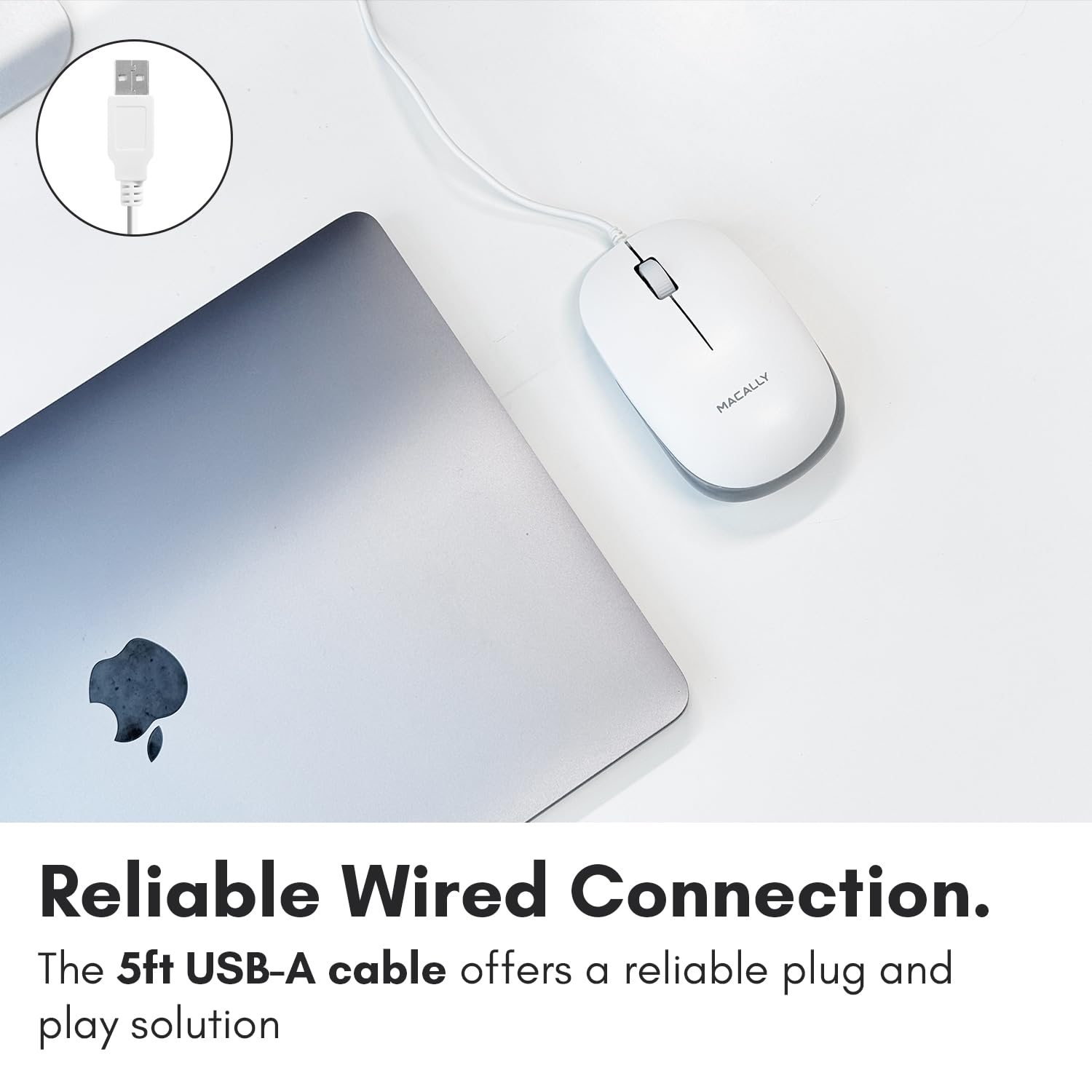 Macally USB Wired Mouse for Mac and Windows - Simple 3 Button Corded Computer Mouse Wired, Scroll Wheel Layout with Long Wire Cord - Plug and Play USB Mouse Wired for Laptop, PC Desktop, Notebook