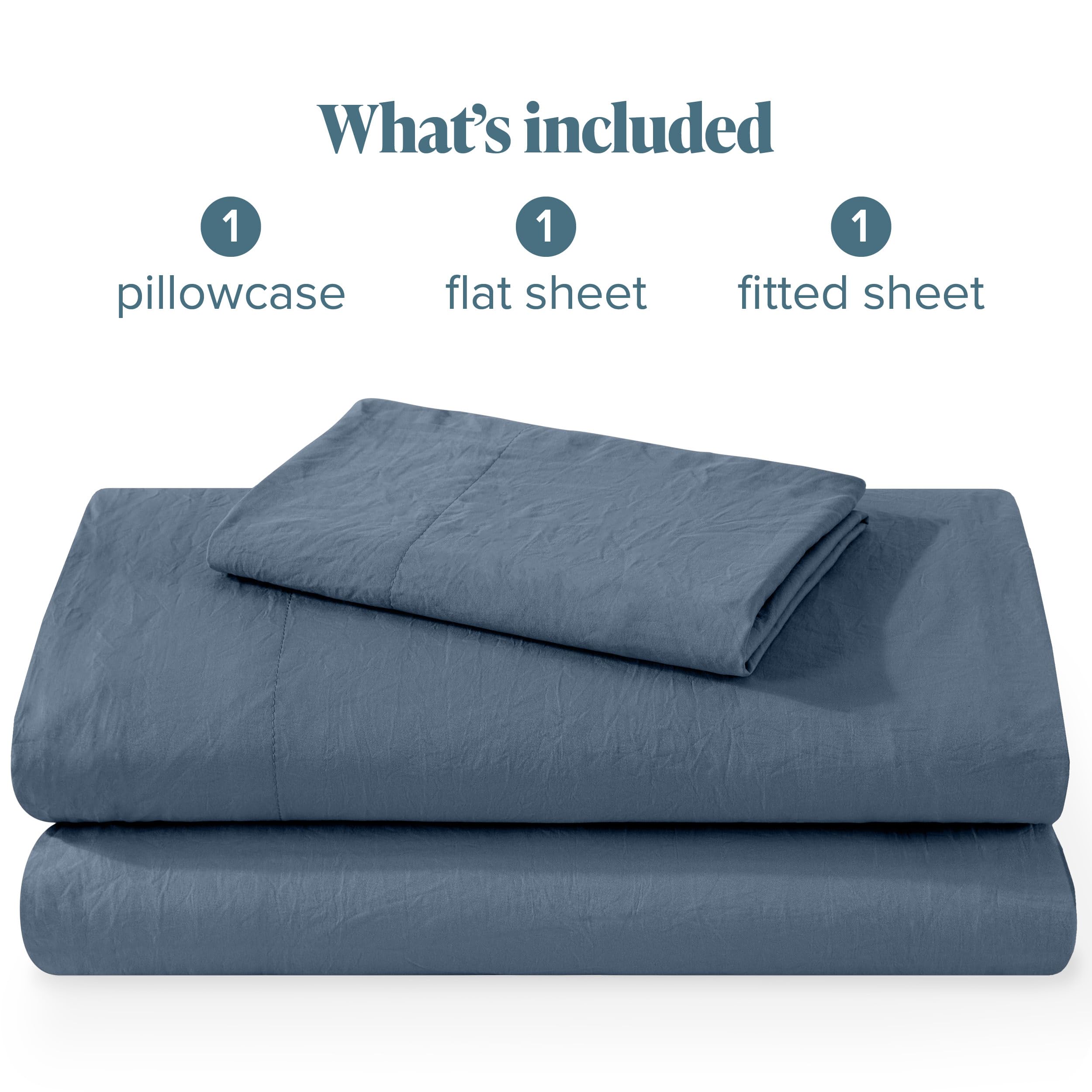 Bare Home Ultra Soft Washed Microfiber 3 Piece Sheet Set, Linen-Like Look, Easy Care, Hypoallergenic, Deep Pocket up to 15β, 1 Fitted Sheet, 1 Flat Sheet, 1 Std. Pillowcase (Twin, Bering Sea)