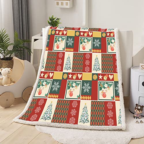 Christmas Red Plaid Throw Blanket, Soft Fluffy Sherpa Fleece Throws for Bed Sofa Xmas Tree Snowflake Print Pattern Blankets Christmas Decoration Gift for Kids Adults 50"x 60"