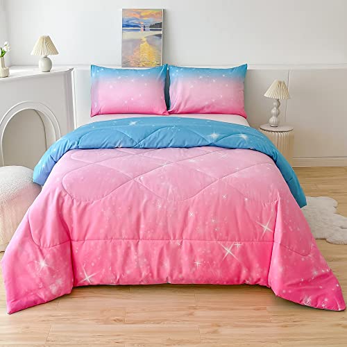 Rainbow Pink Glitter Stars Kids Comforter Set for Girls Queen Size Bedding Set 3 Piece Bed in A Bag Lightweight Quit Blue Gradient Sparkle Mermaid Galaxy Duvet Set for Kids Boys with 2 Pillowcases