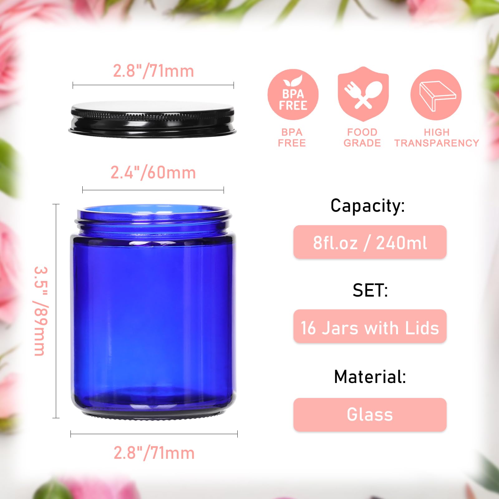 Homerove 16 Pack 8oz Amber Glass Jars with Metal Lids, Round Candle Making Jars, Empty Thick Refillable Cosmetic Container for Candle Making, Food Storage, Canning, Spices, Liquids