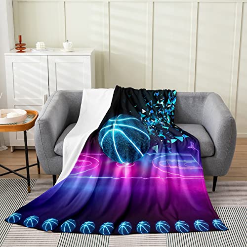 Erosebridal Basketball Blanket Throw 50x60 Inch Neon Sport Throw Blanket for Kids Boys Girls Teens Blue Purple Gradient Glowing Basketball Fleece Blanket Room Decor Lightweight Sherpa Blanket