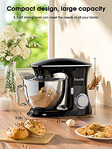 Facelle Stand Mixer, 8.5 Quart Electric Mixer, 660W 6-Speed Tilt-Head Kitchen Electric Food Mixer with Beater, Dough Hook and Wire Whip, Black