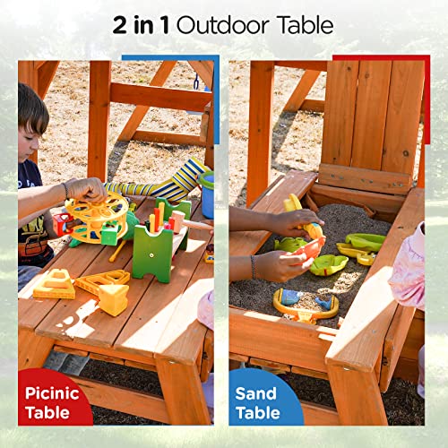 Dolphin Playground Cedar Wooden Swing Sets for Backyard, Outdoor Playset for Kids with Monkey Bar, 2 in 1 Outdoor Table, Wave Slide, Climbing Wall, and 2 Belt Swings, Playground Sets for Backyards