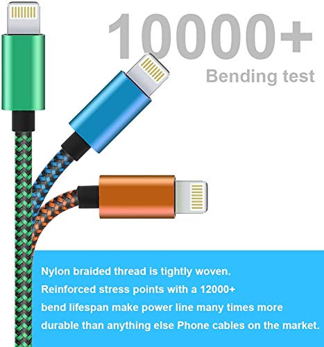 HDIIAOZ Phone Charger Founus Fast Charging Cable 6FT 3 Pack Nylon Braided High Speed Charging Cord Compatible with iPhone Xs X 8 8 Plus 7 7 Plus 6s 6s Plus 6 6 Plus iPad iPod Nano-(Blue,Orange,Green)