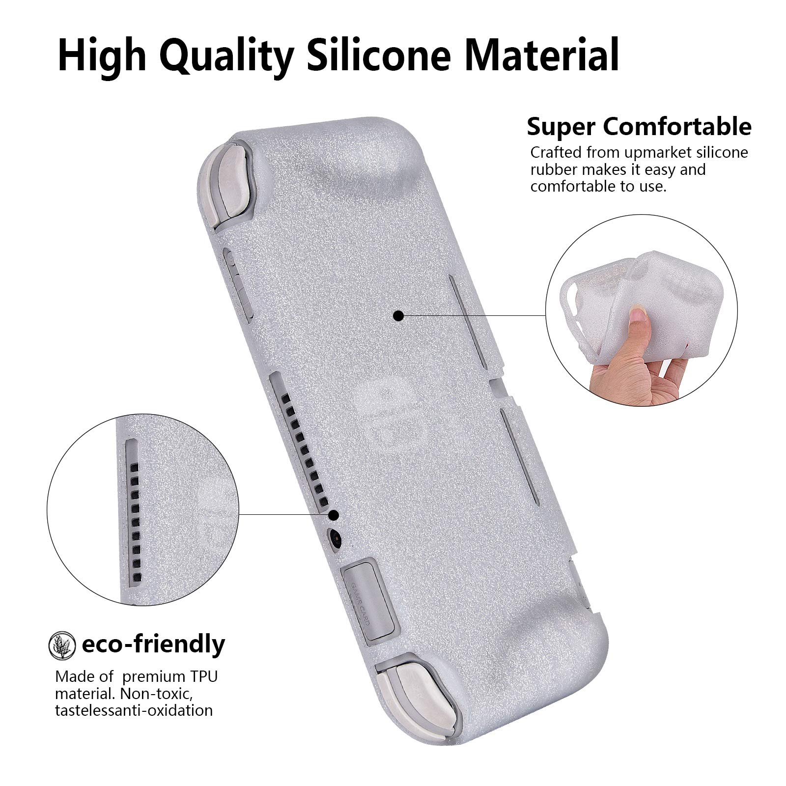 AIRSPO Silicone Protective Bling Case for Nintendo Switch Lite 2019, Soft Rubber Grip Glitter Cover with Ergonomic Handles, Shock-Absorption, Anti-Scratch, Non-Slip Design(Gray)