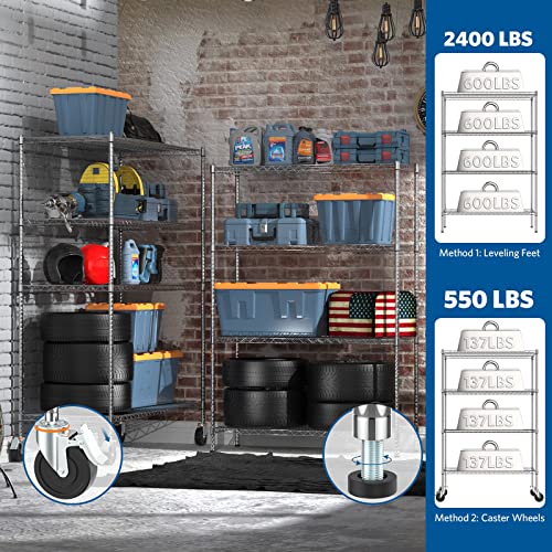 Raynesys Wire Shelving with 4" Wheels, 2400Lbs Heavy Duty 4-Tier Shelving Metal Shelves, 48x18x72in Steel Wire Storage Shelf Commercial Grade Adjustable Utility Rack for Garage, Kitchen, Chrome