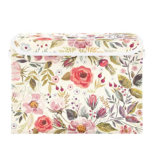 DOMIKING Summer Floral Collapsible Rectangular Storage Bins with Lids Decorative Lidded Basket for Toys Organizers Fabric Storage Boxes with Handles for Toys Clothes Room Nursery
