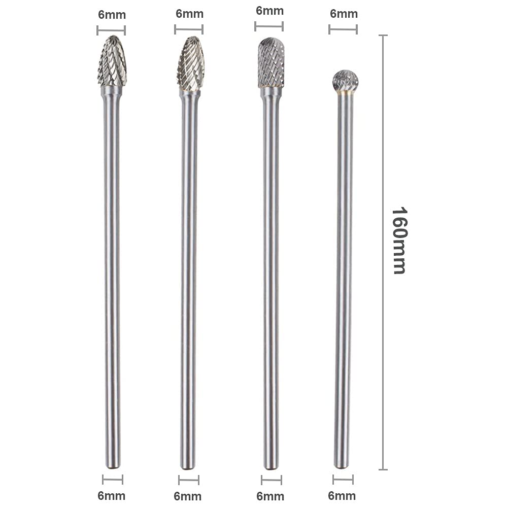 AYSUM 6-Inch Long Carbide Rotary Burr Set 6 mm (0.25 inch) Shank Long Reach Double Cut Tungsten Carbide Rotary File Set Fits Rotary Tool for Woodworking Drilling Carving Engraving, 4pcs