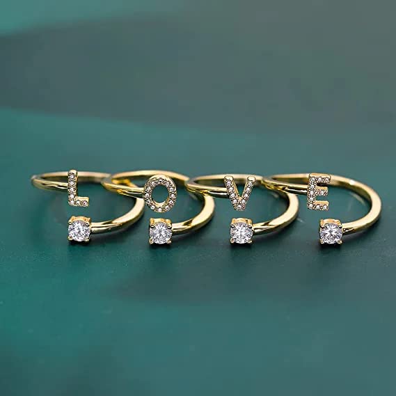 Airstra Initial Letter Ring for Women Girls Stackable Alphabet Rings Adjustable gold plated 26 Inlaid CZ Initial Rings Bridesmaid Gift Jewelry(G