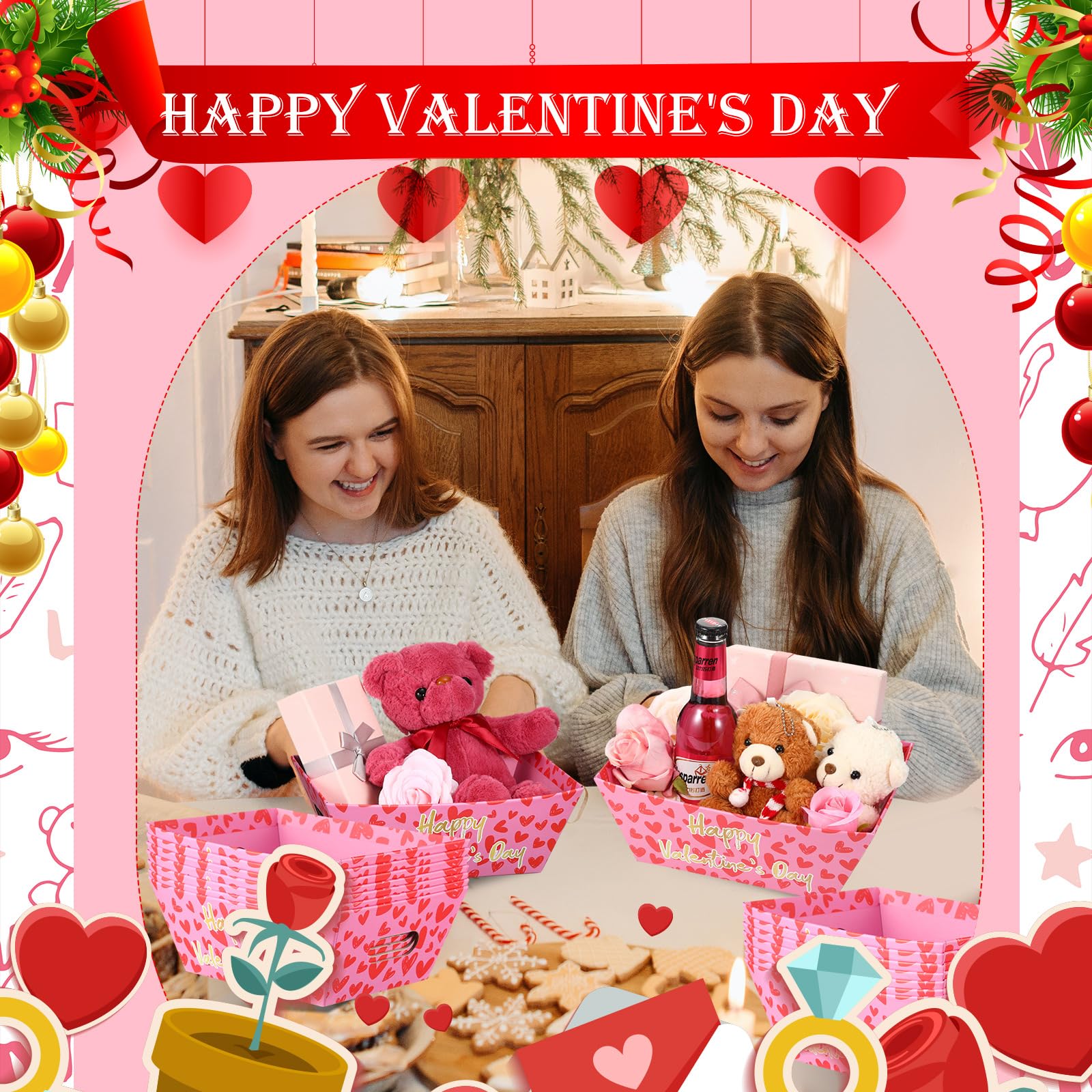 Zhanmai 12 Pcs Happy Valentine's Day Baskets for Gifts Empty with Handles Sturdy DIY Organizing Bulk Gift Medium Red Sturdy Gift Basket Kraft Market Tray Cardboard Basket for Valentine's Day Snacks