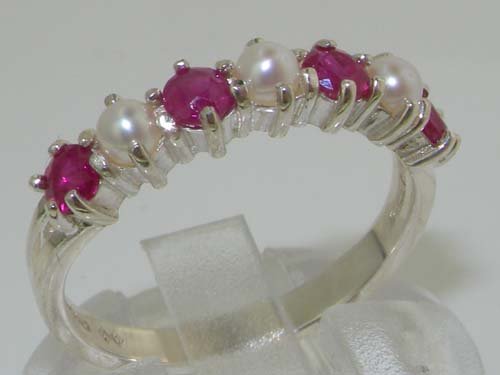 925 Sterling Silver Cultured Pearl & Ruby Womens Anniversary Ring - Size 8