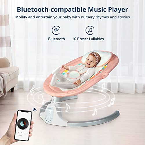 Bioby Baby Swing for Infants,The Five-Point Seat Belt,Bluetooth Touch Screen/Remote Control Baby Bouncer with Music Speaker,Motorized Portable Swing with 5 Swing Speeds(Pink)