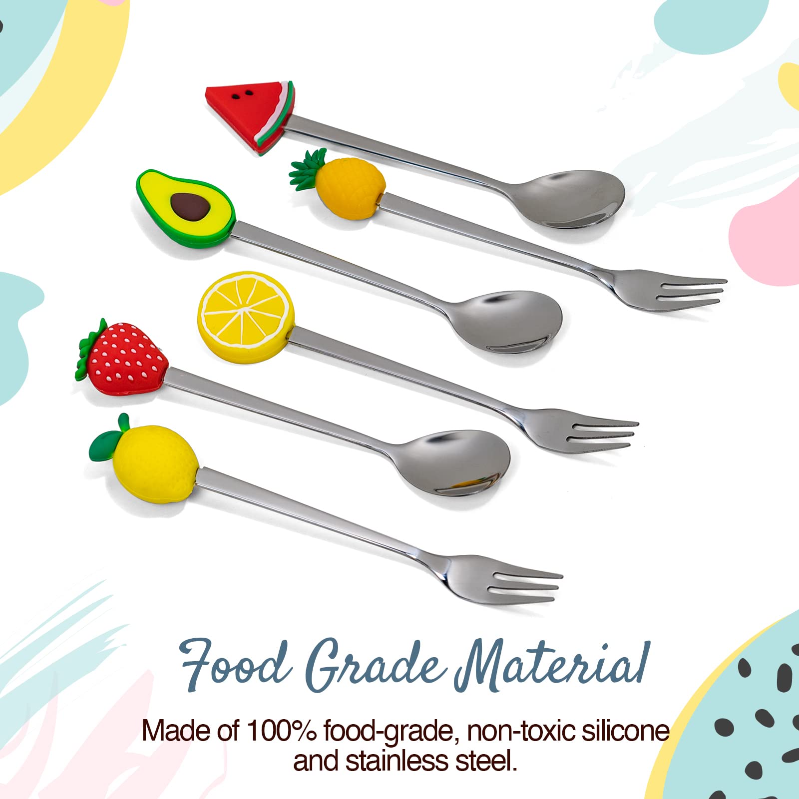 Appetizer Spoons and Forks, 6-Piece Cocktail Spoons and Forks, Fruit Shapes, Stainless Steel and Silicone Small Spoons and Forks for Fruits, Cheese, Appetizers