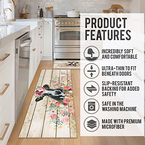 Cow Print Rugs for Kitchen Floor, Farmhouse Kitchen Mats Cushioned Anti Fatigue 2 Piece Set, Memory Foam Kitchen Mat Set of 2 and Kitchen Runner Rug Washable for Home Kitchen Decor 17"x30"+17"x47"