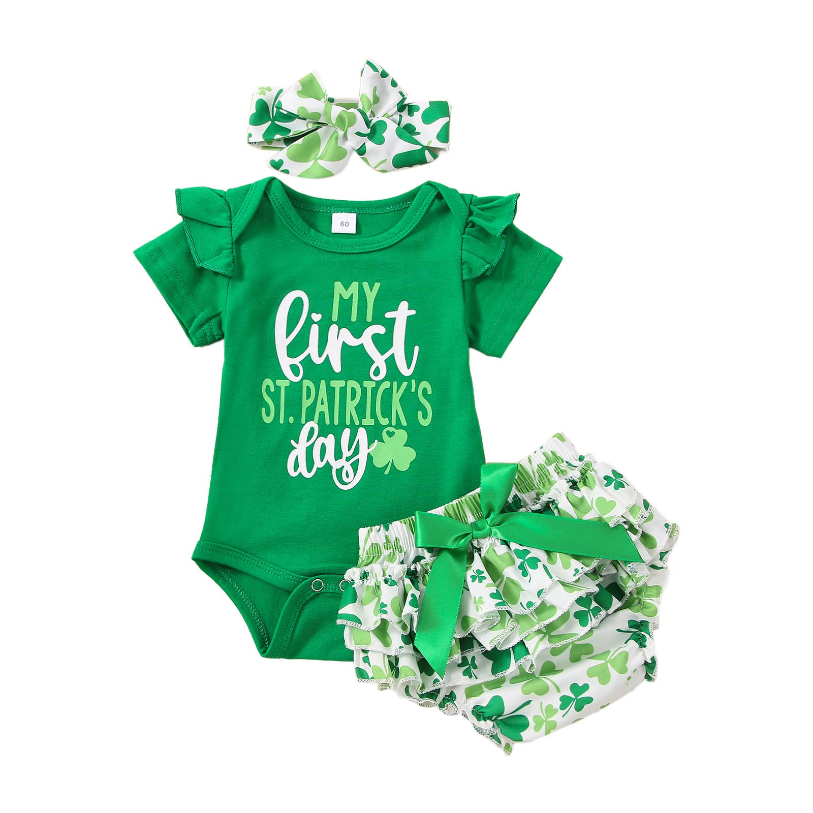 Amiblvowa My First St Patricks Day Baby Girl Outfit Ruffles Romper Shamrock Shorts Headband Set 3Pcs Newborn Infants Clothes
