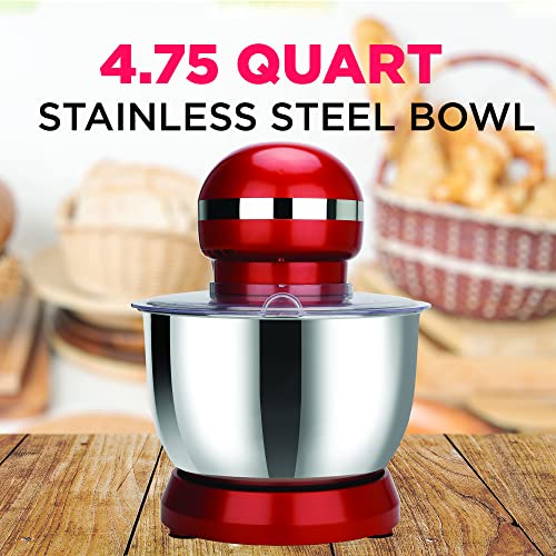 FRIGIDAIRE ESTM020-RED Retro Electric Stand Mixer, 4.75 Quart / 4.5L, 8 Speeds with Whisk, Dough Hook, Flat Beater Attachments, Splash Guard (RED)