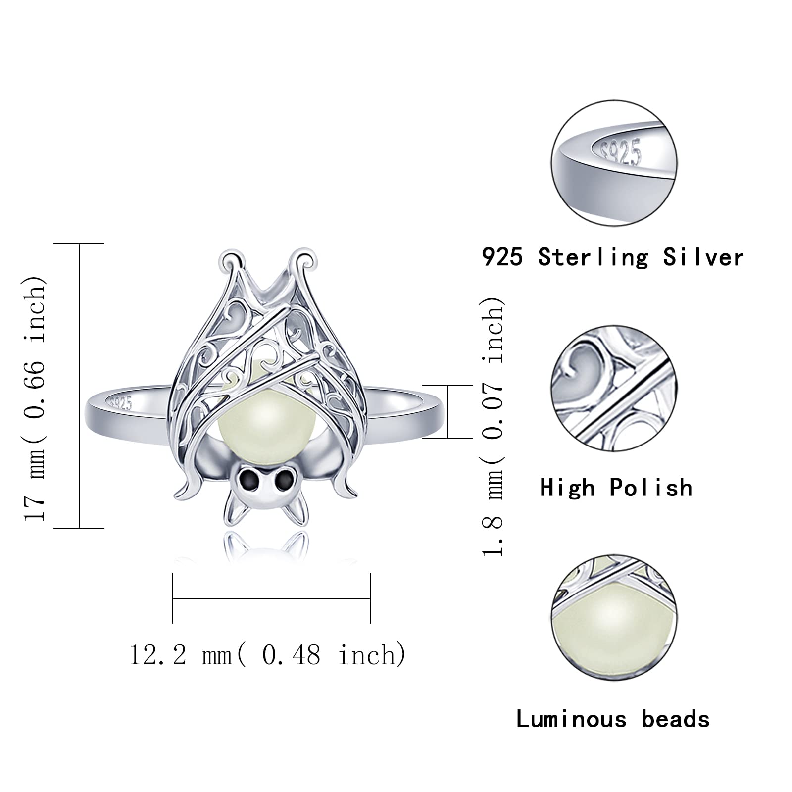 925 Sterling Silver Bat Ring Cute Animal Glowing in the Dark Halloween Jewelry Gift for Women(7)