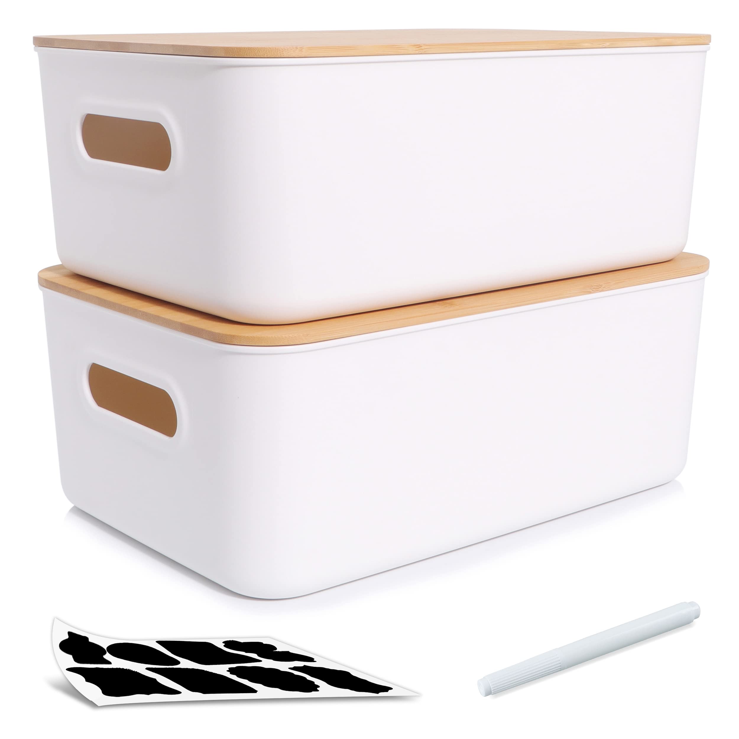 Citylife 2 PCS Storage Bins with Bamboo Lids Plastic Storage Containers for Organizing Stackable Storage Box with Handle, 15.16 x 10.79 x 5.83 inch