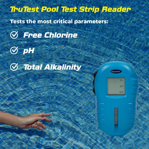 AquaChek TruTest Digital Test Strip Reader For Pool and Spa Water Testing - Tests for Free Chlorine, Free Bromine, pH, and Total Alkalinity - Quick & Accurate Results Includes 25 TruTest Strips (Blue)