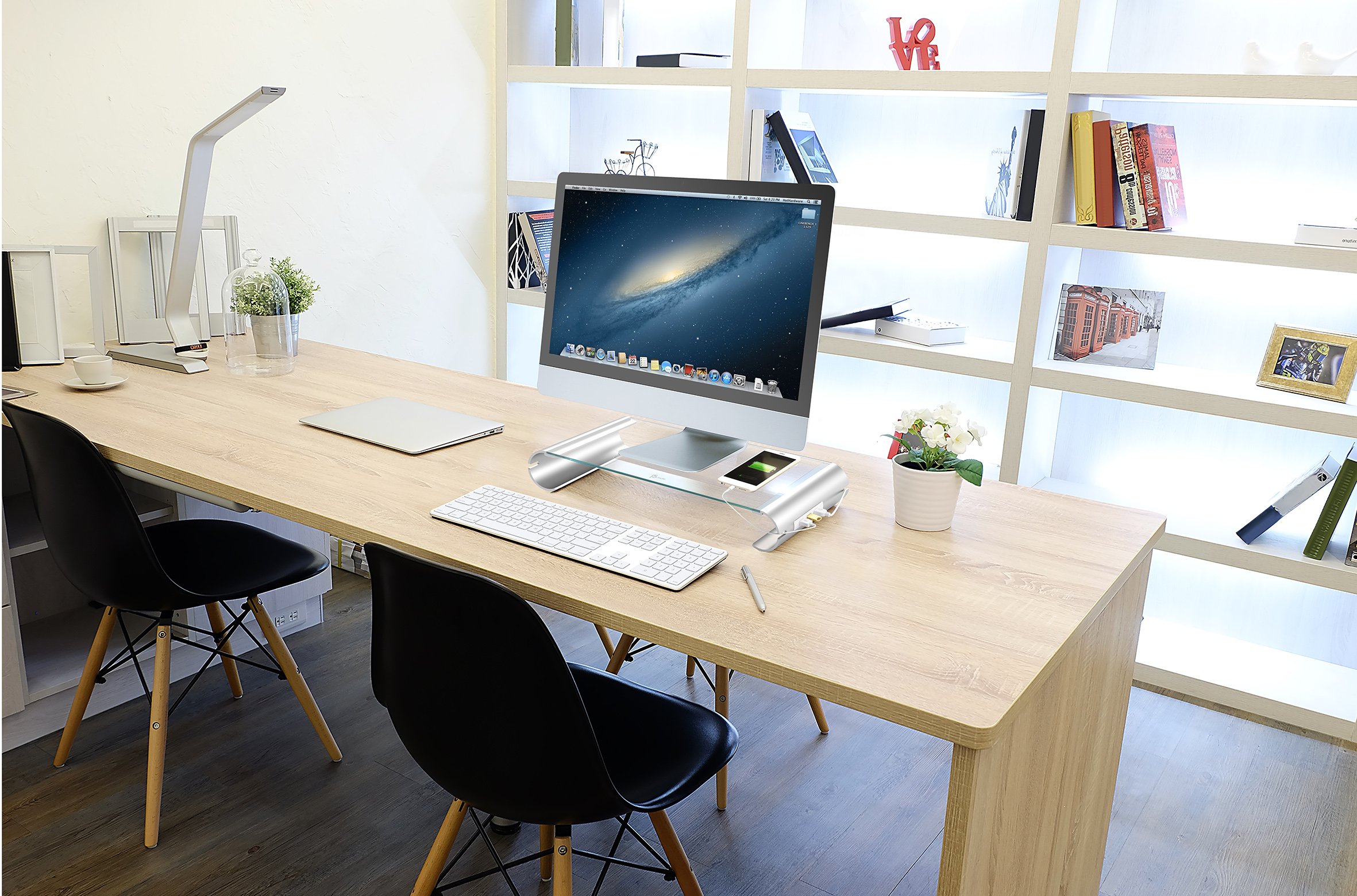 j5create Monitor Stand with 3-port USB 3.0 HUB JUT325 | Aluminium Legs and Clear Tempered Glass Monitor Riser | Compatible with iMac/Windows/Chrome/Linux Laptop, Macbook