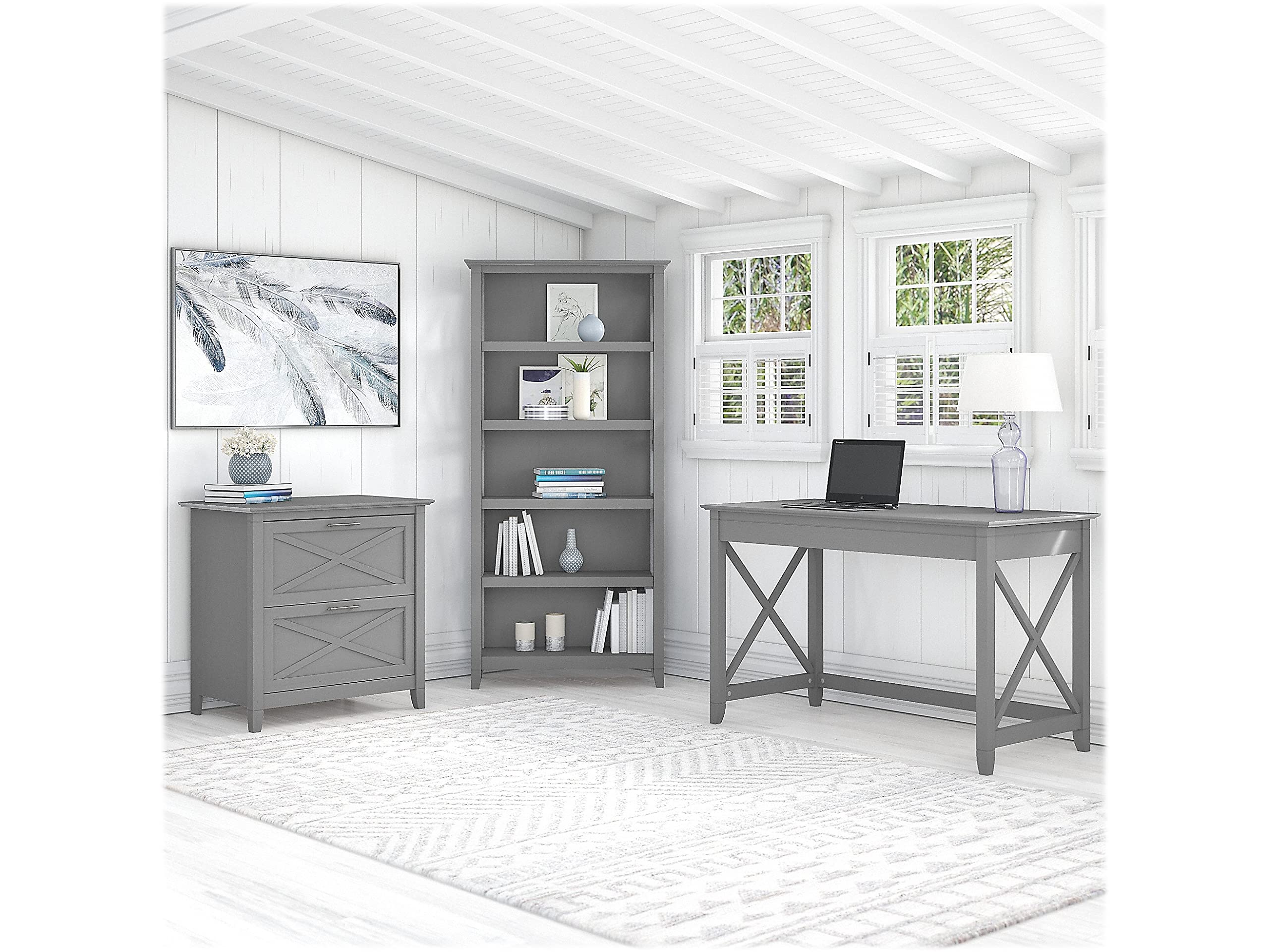 Bush Furniture Key West 48W Writing Desk with 2 Drawer Lateral File Cabinet and 5 Shelf Bookcase in Cape Cod Gray