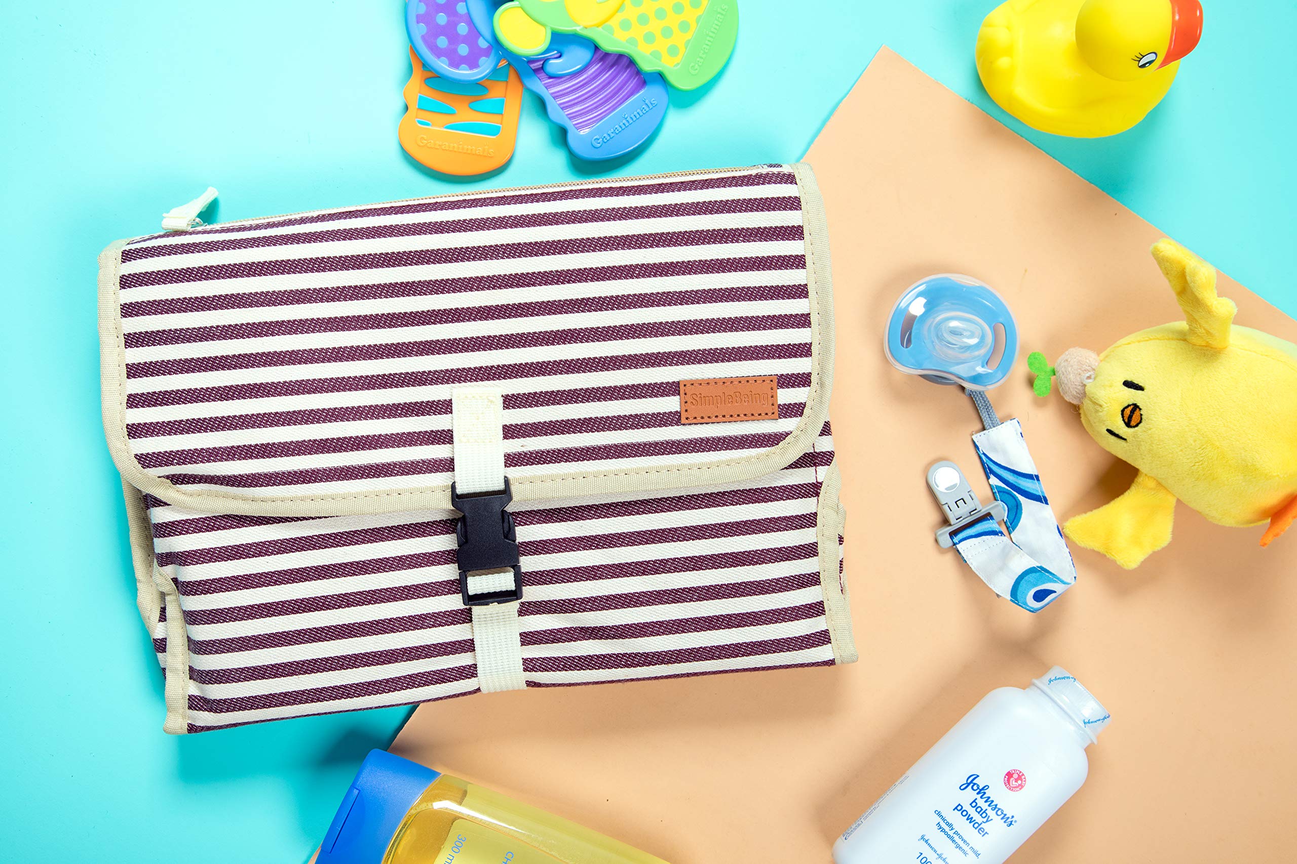 Simple Being Portable Changing Pad, Travel Diaper Canvas Clutch Mat, Diaper Bag Essential with Storage Pockets for Wipes and a Supportive Foam Head Pillow Padding (Red Stripe)