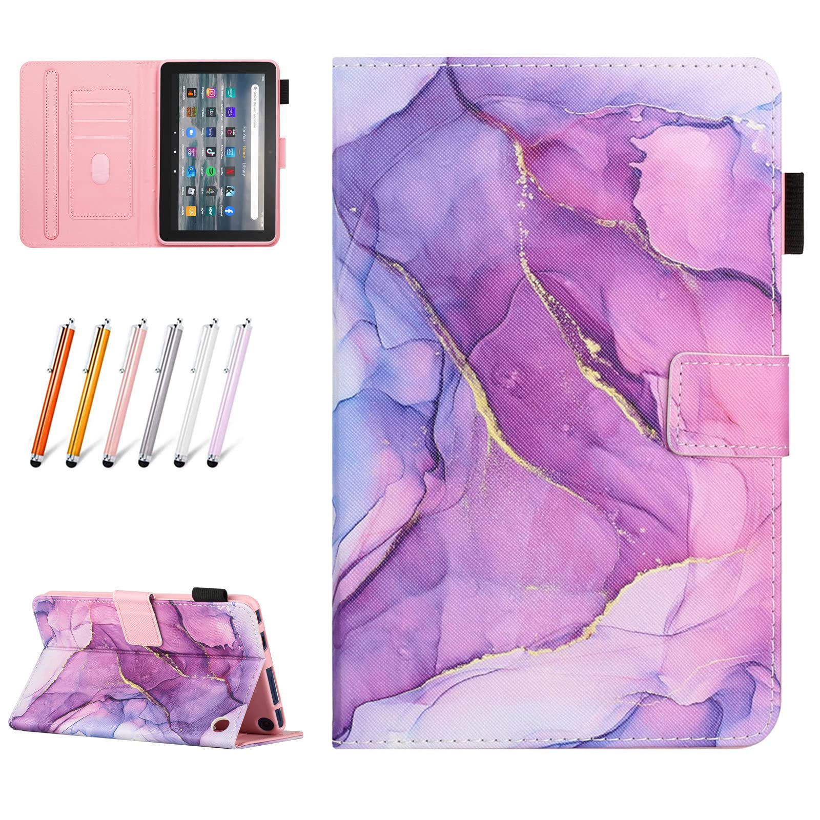AKHIOK Case for All-New Amazon Fire 7 Tablet (Only fit 12th Generation, 2022 Release), Fire 7 Tablet Case, Premium PU Leather Stand Cover with Smart Auto Wake/Sleep, Purple Marble