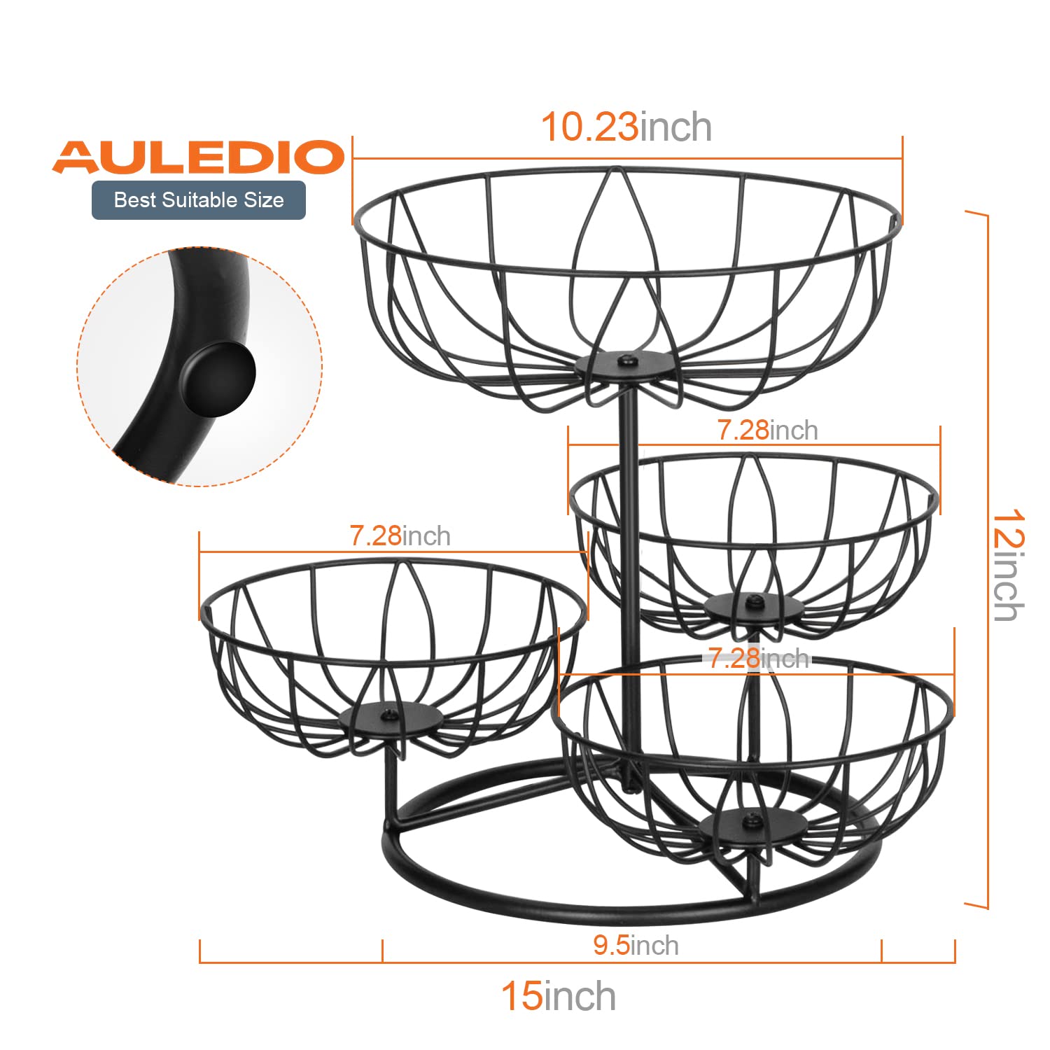 Auledio 4-Tier Countertop Fruit Basket Bowl Vegetables Storage Holder,Black