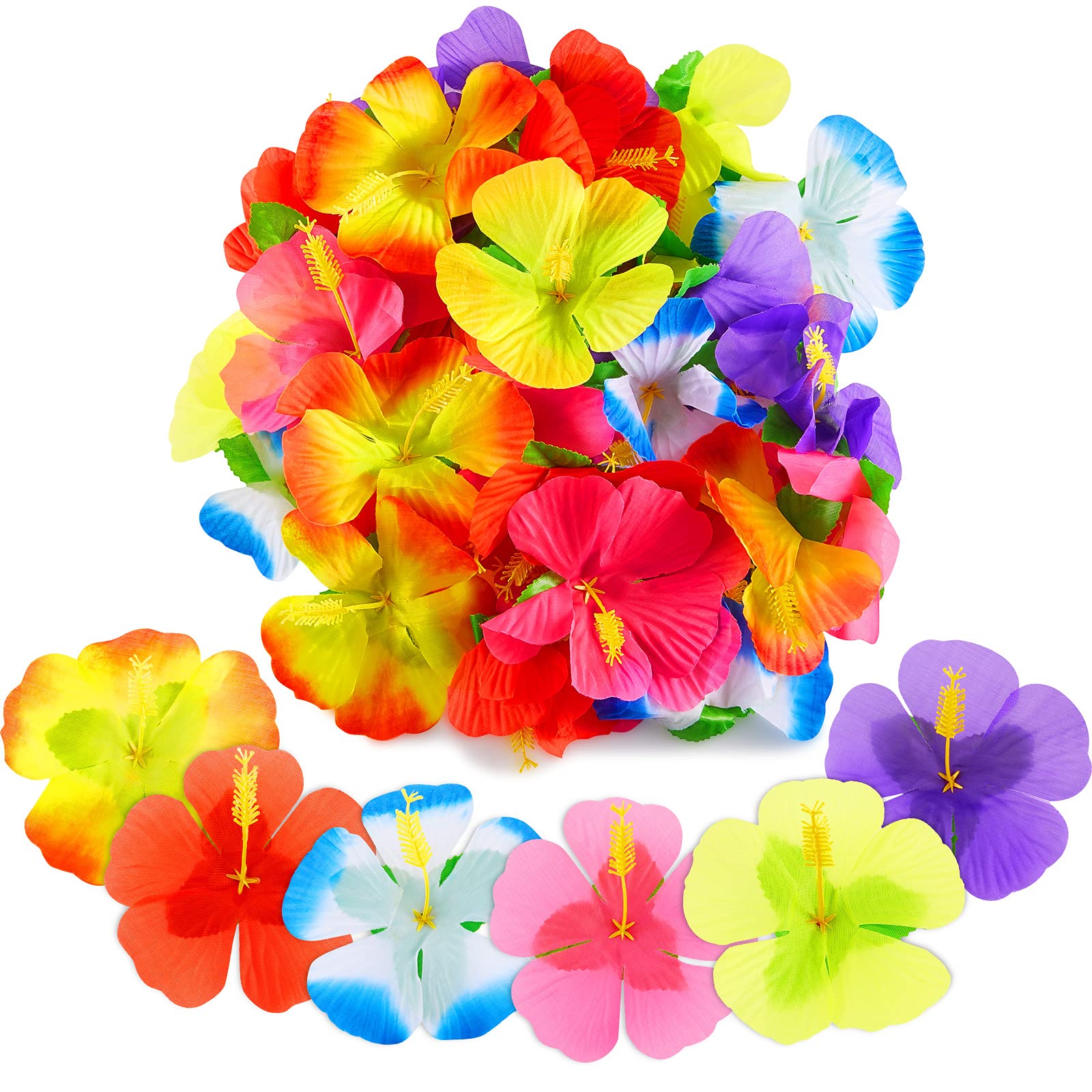 WILLBOND 120 Pieces Hibiscus Flowers Decoration Hawaiian Faux Flowers Tropical Faux Flowers Colorful Polyester Hibiscus Tabletop Vivid Flowers DIY Decoration for Home Garden Party Favor Decoration