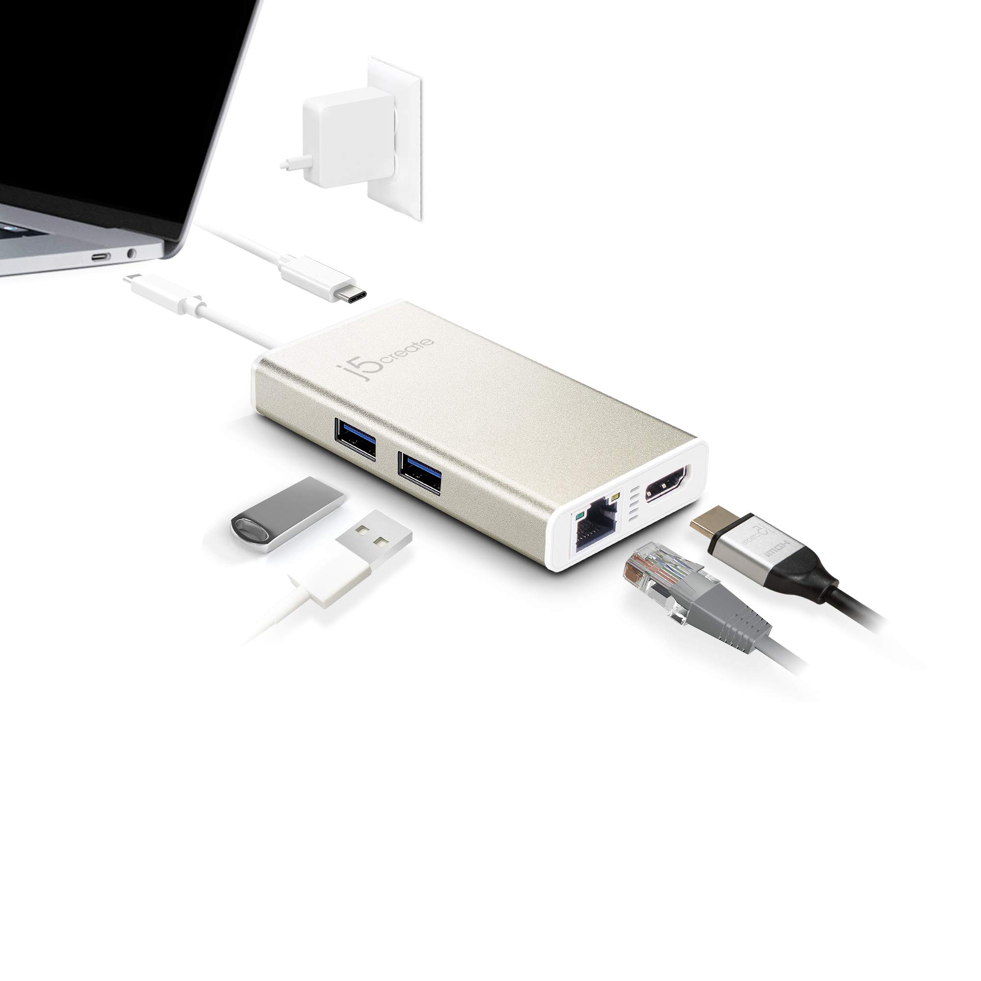j5create USB C Hub Multi-Adapter Docking Station with HDMI 4K, 2X USB 3.1 SuperSpeed Ports, Ethernet, Power Delivery 2.0 (JCA374)