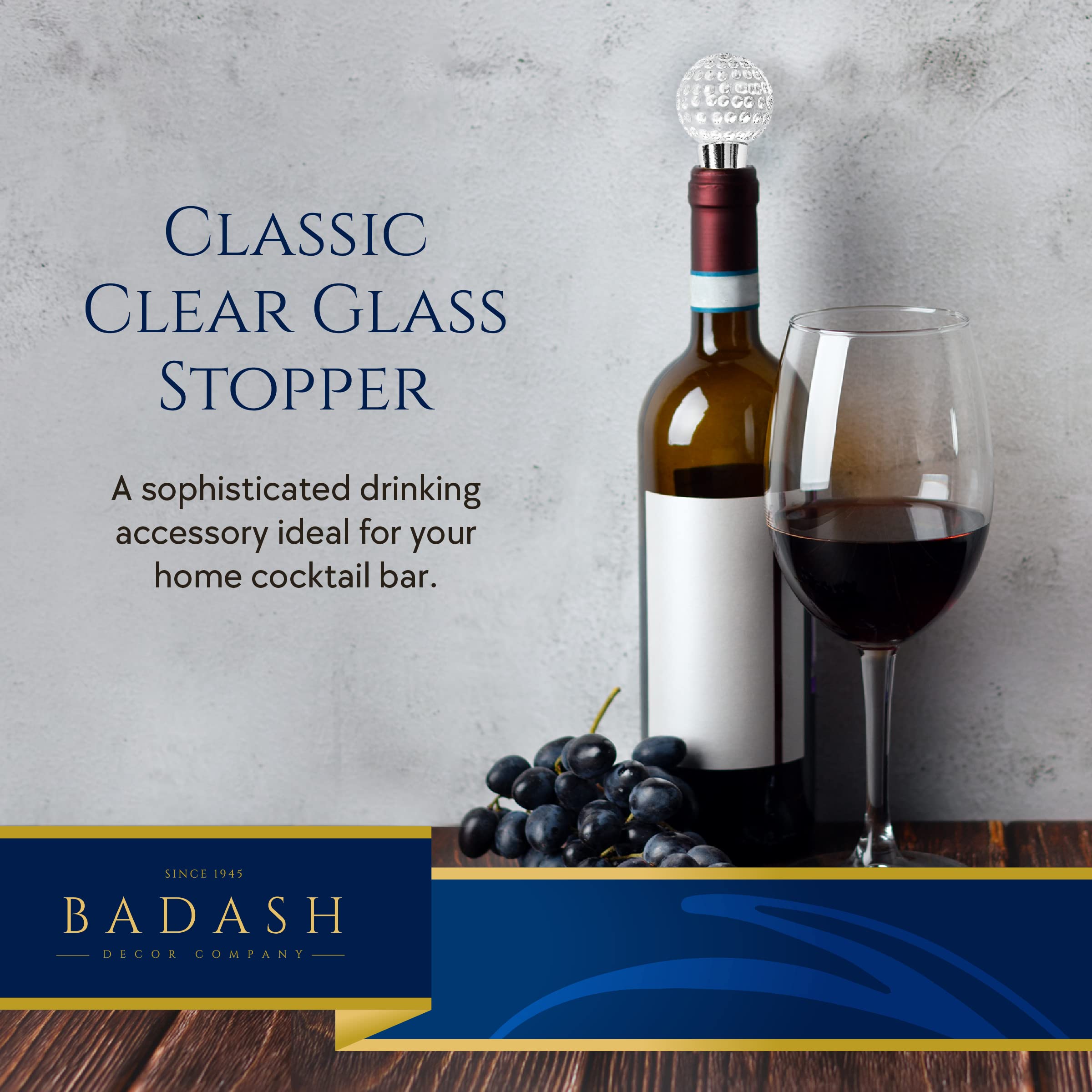 Badash Golf Ball Wine Bottle Stopper - 2" Long Mouth-Blown Lead-Free Clear Glass Stopper - Sparkling Wine Bottle Stopper for Liquor or Wine Glass Bottles